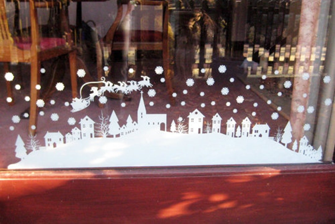 Christmas Santa Sleigh Village Snow Scene Window Sticker / Cling Window ...