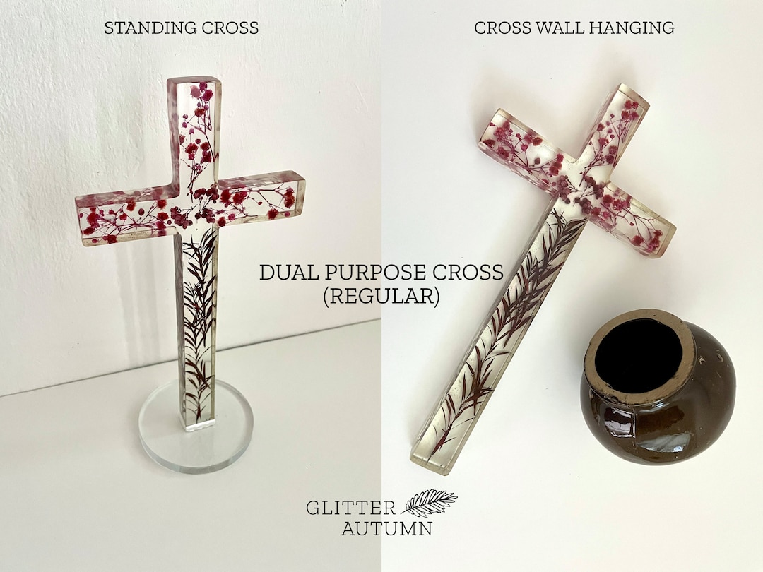 Clear Epoxy Resin Dual Purpose Cross With Deep Pink Flowers and Reddish ...