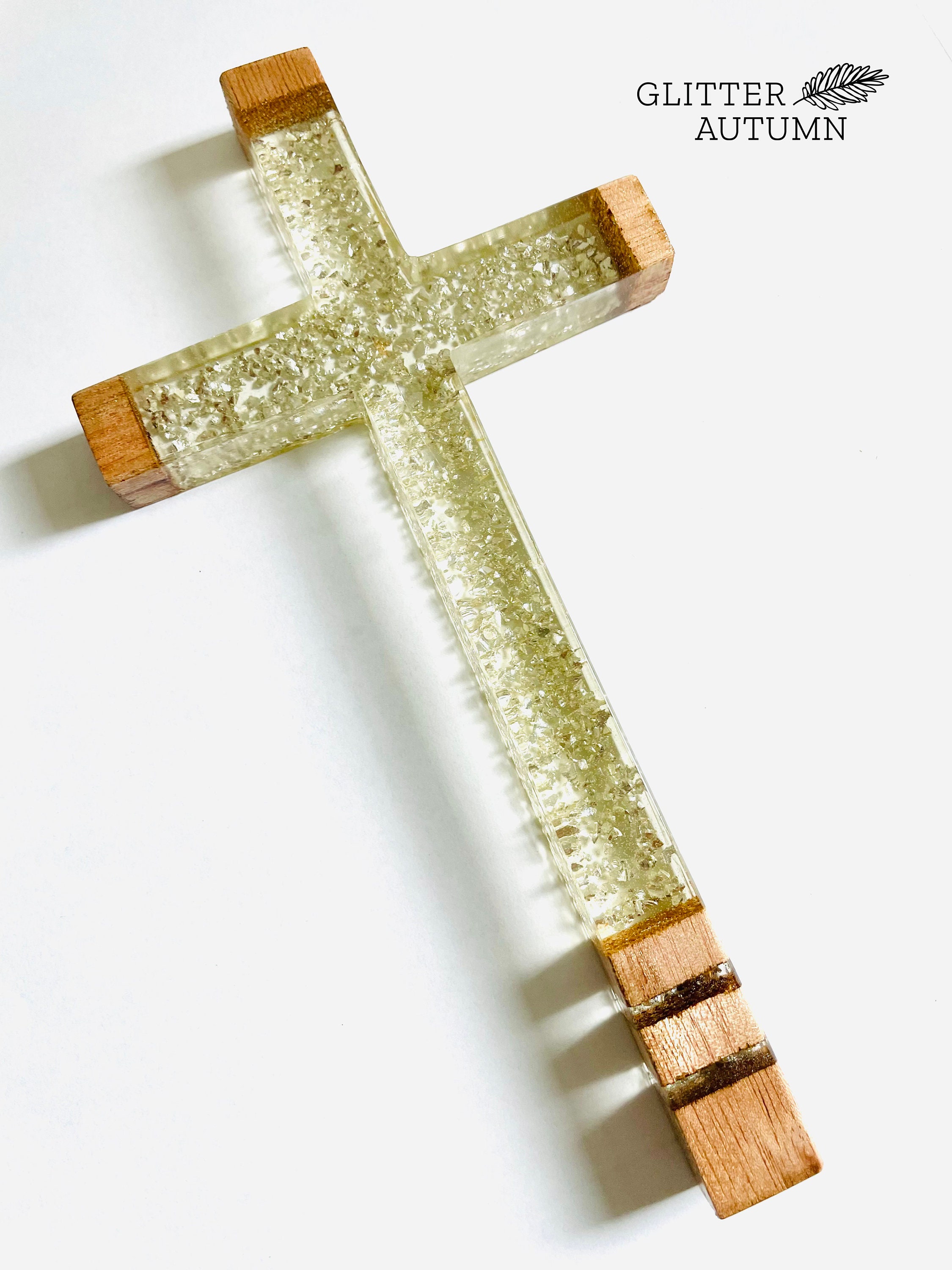 Clear Epoxy Resin Cross Wall Hanging With White Silver Stones and Wood ...