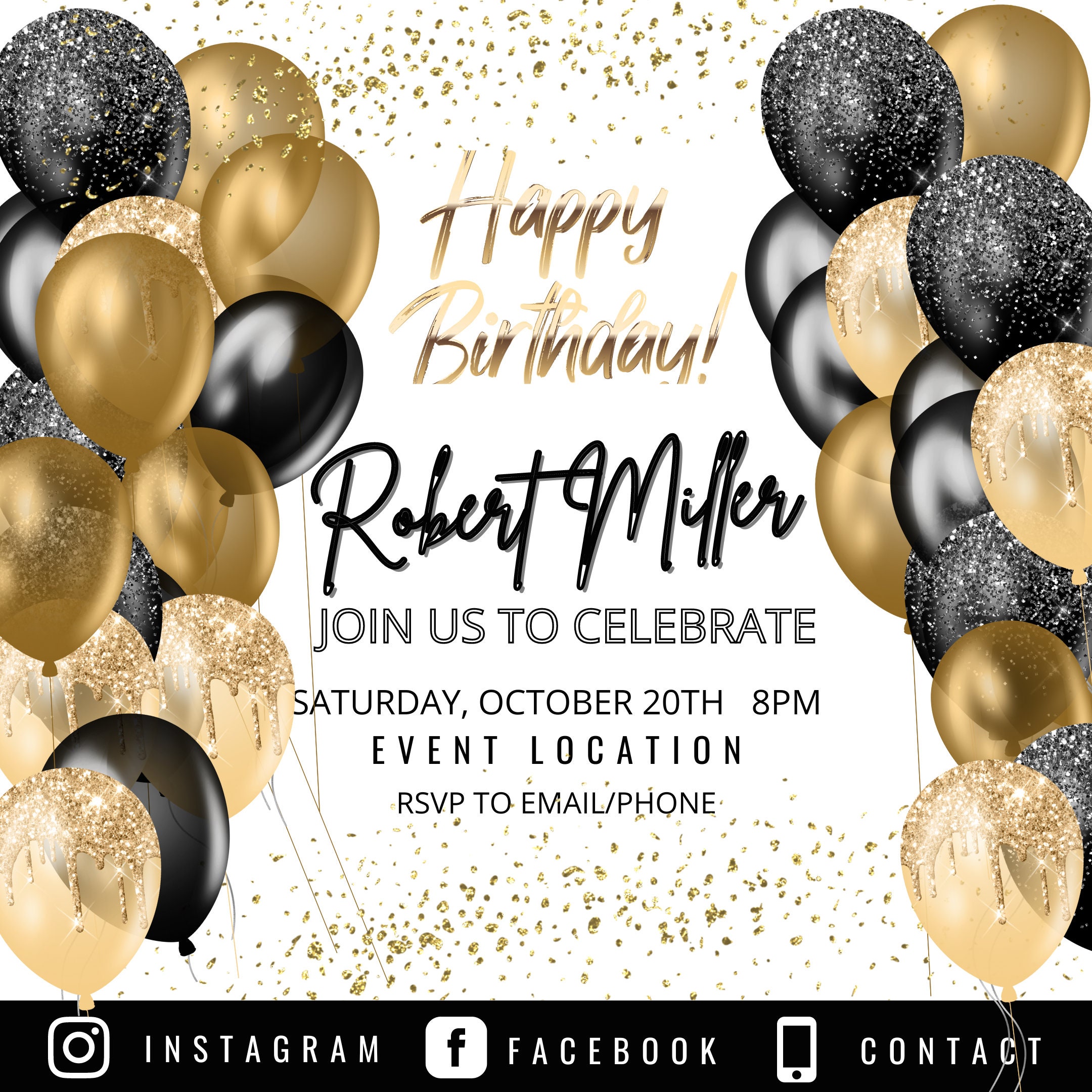 Birthday Flyer Birthday Glam Birthday Template Black Gold N - Etsy