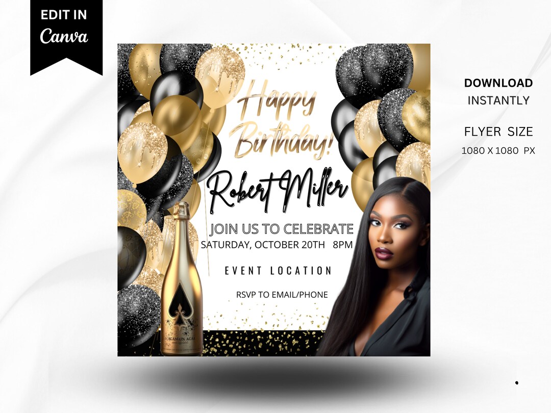 Birthday Flyer, Birthday Glam, Birthday Template, Black Gold N White ...