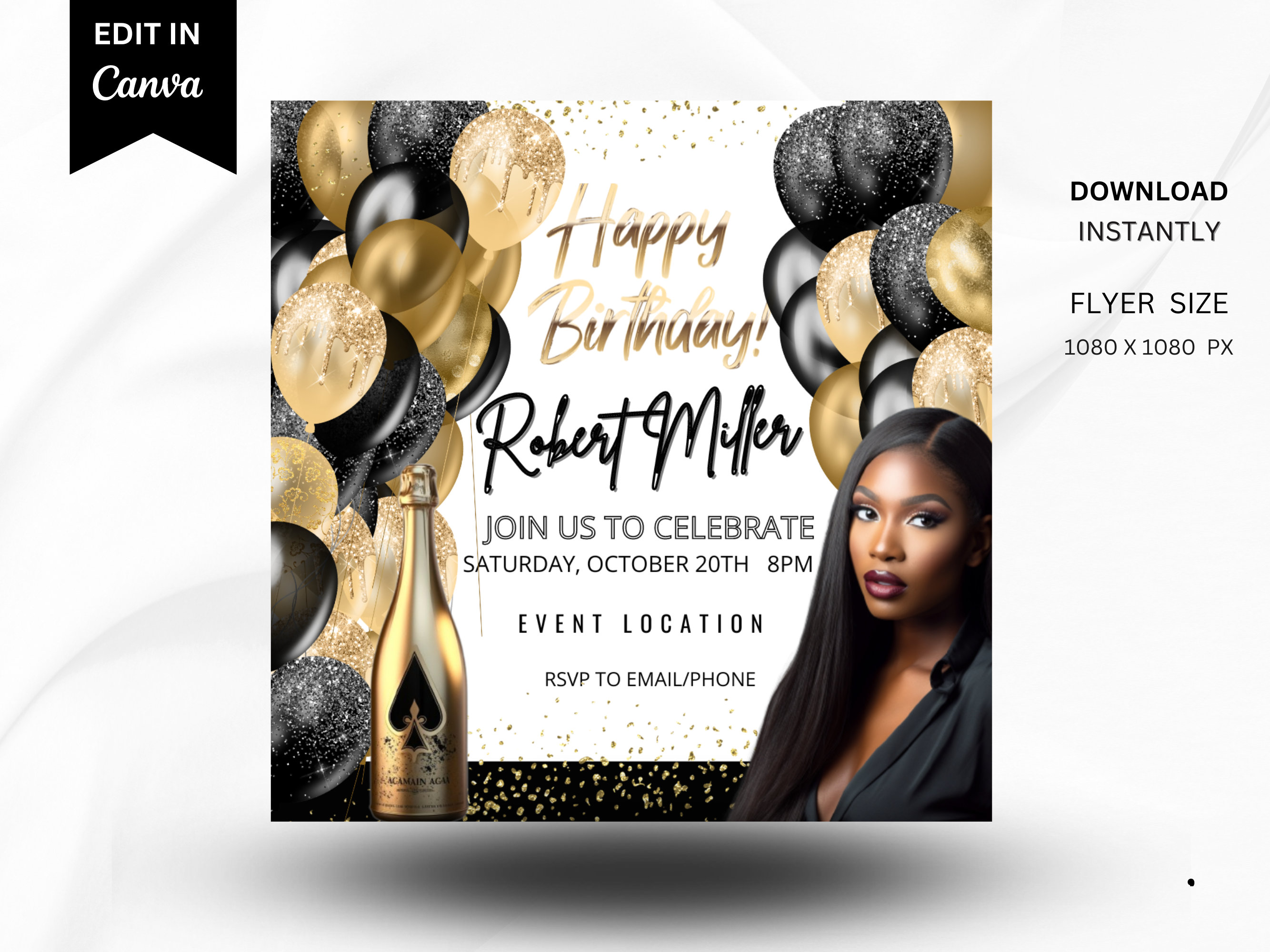 Birthday Flyer, Birthday Glam, Birthday Template, Black Gold N White ...