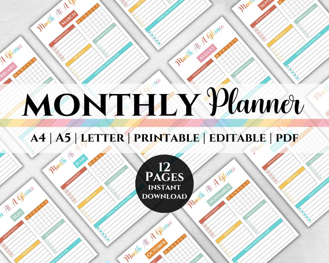 Monthly Planner Printable, Month at A Glance, Productivity Planner ...