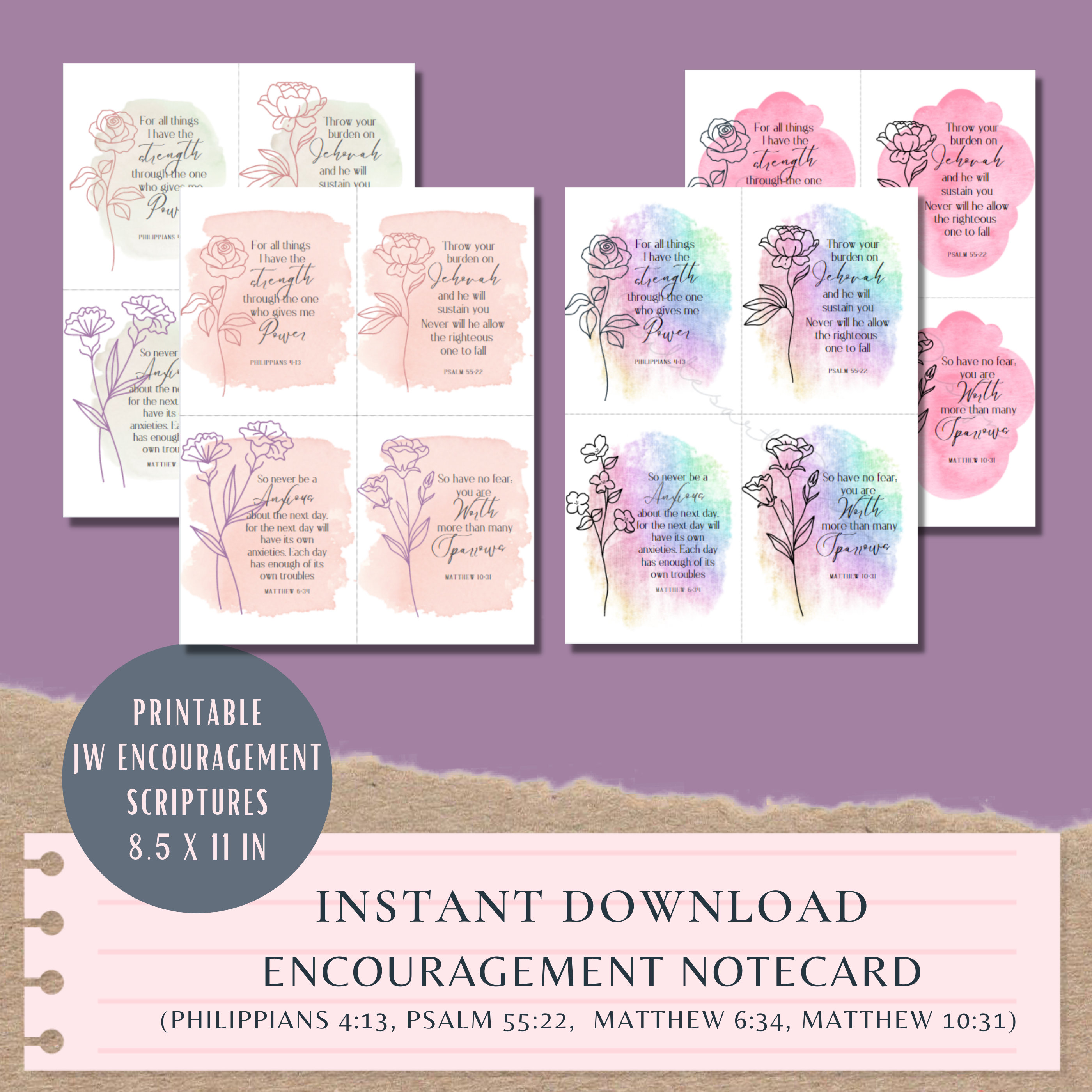 JW Encouragement Scriptures Printable Notecard | JW Notecard 8.5x11 ...