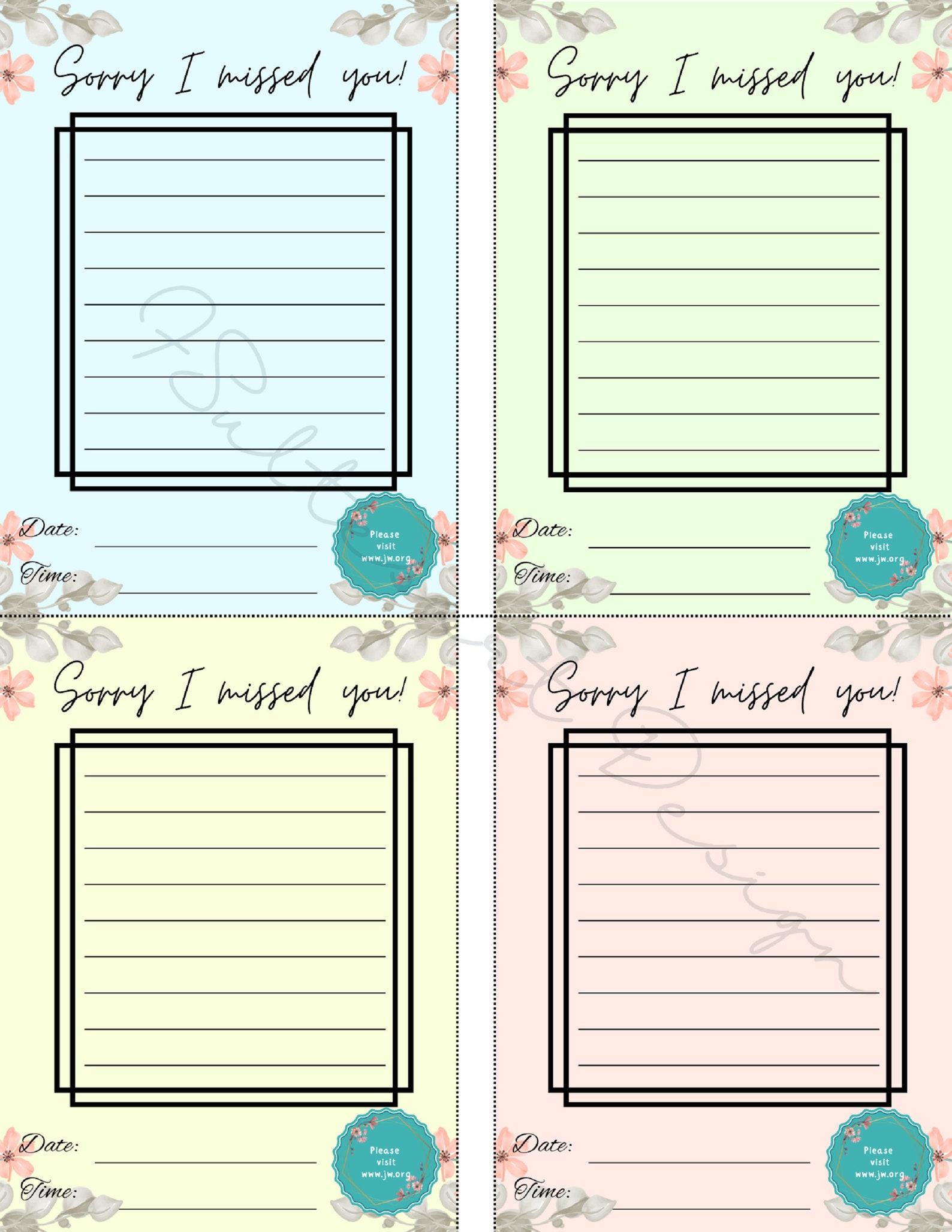 JW Ministry Notes - Sorry I Missed You | JW Printable Ministry Notes ...