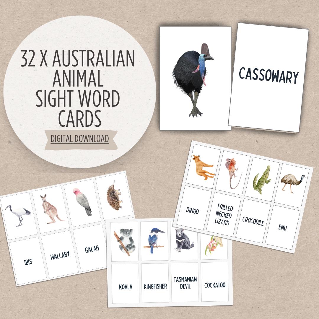 Australian Animal Sight Word Flash Cards: Educational Wildlife (digital ...