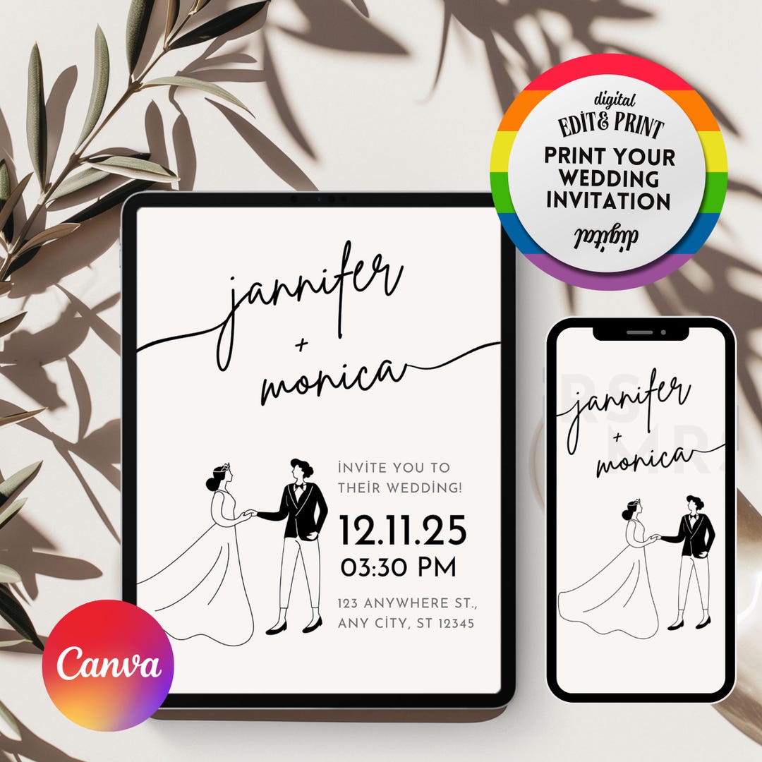 Modern Editable Same-sex Wedding Invitation Template - Lesbian or Gay ...