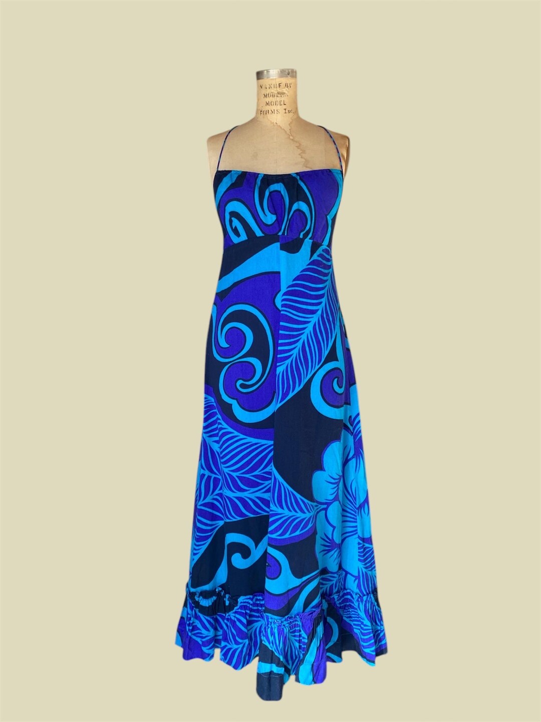 1960s/70s Bark Cloth Hawaiian Dress Halter Blue Black Psychedelic ...