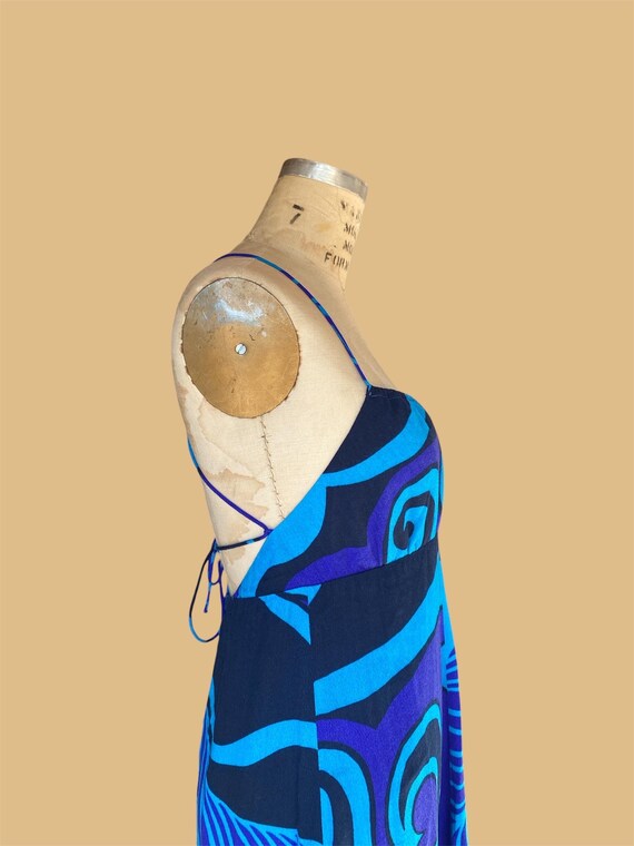 1960s/70s bark cloth Hawaiian dress halter blue black… - Gem