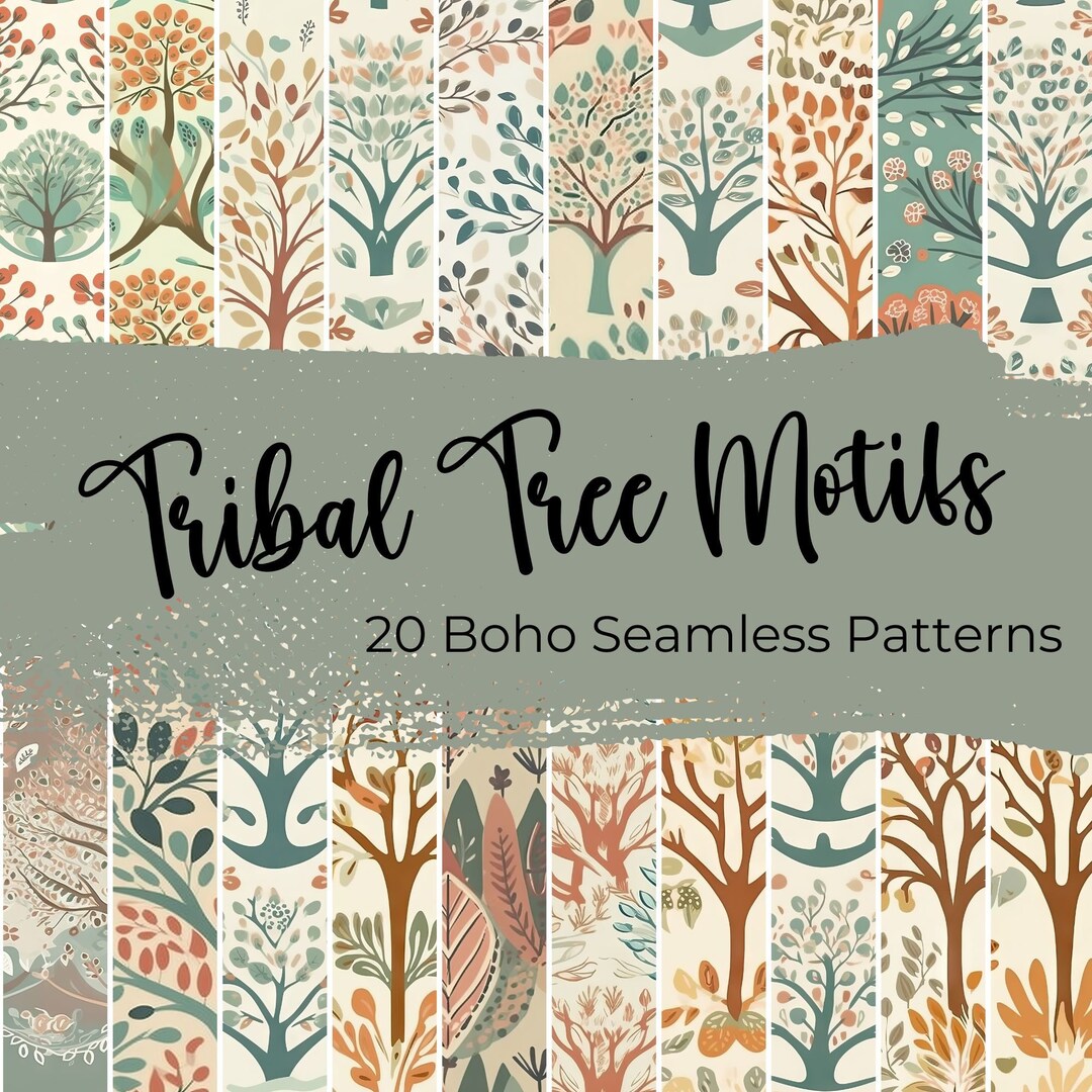 Boho Tribal Tree Motifs, Seamless Patterns (JPG PNG SVG) | Printable ...