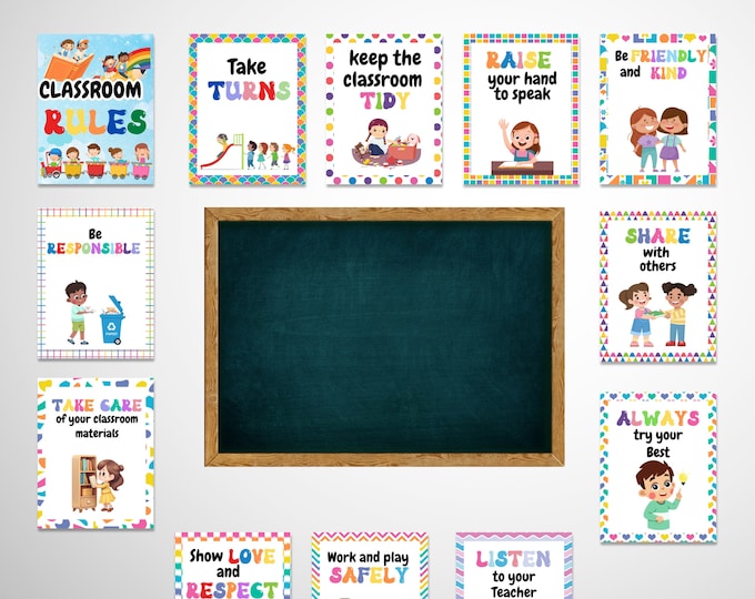 Classroom Rules Poster Set of 12 Class Expectations Elementary ...