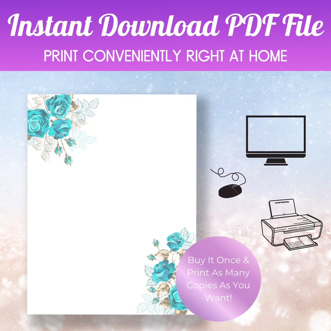 Printable Rose Stationery Flower Stationery Floral Stationery Set ...