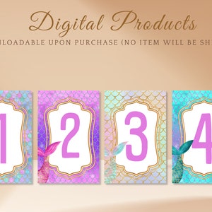 Editable Mermaid Party Table Number Card Set 4 Designs Rainbow Scales ...