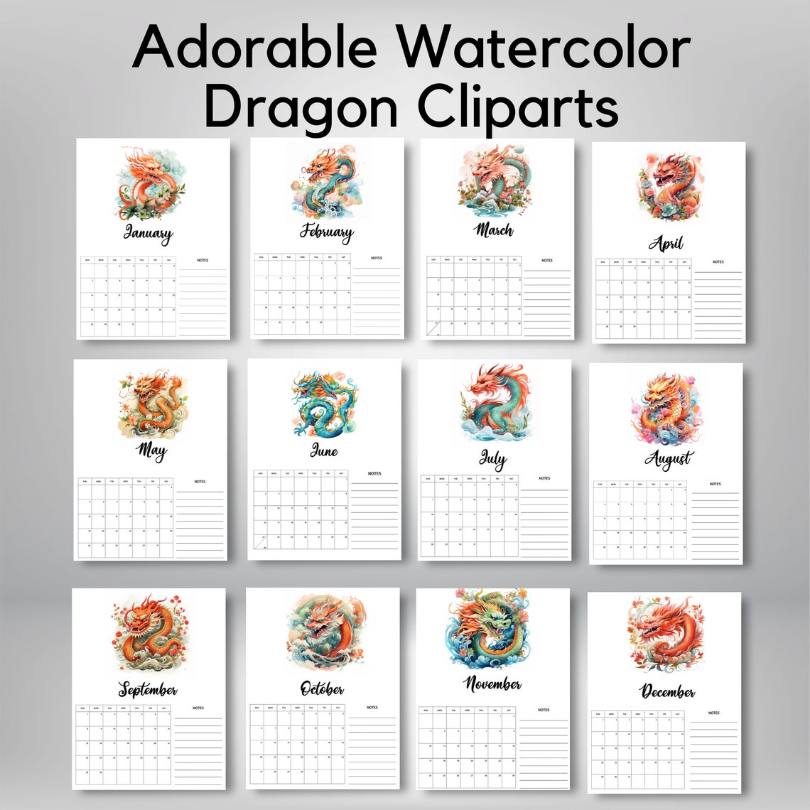 Dragon Calendar 2024 Printable Monthly Fillable Vertical Wall Calendar ...