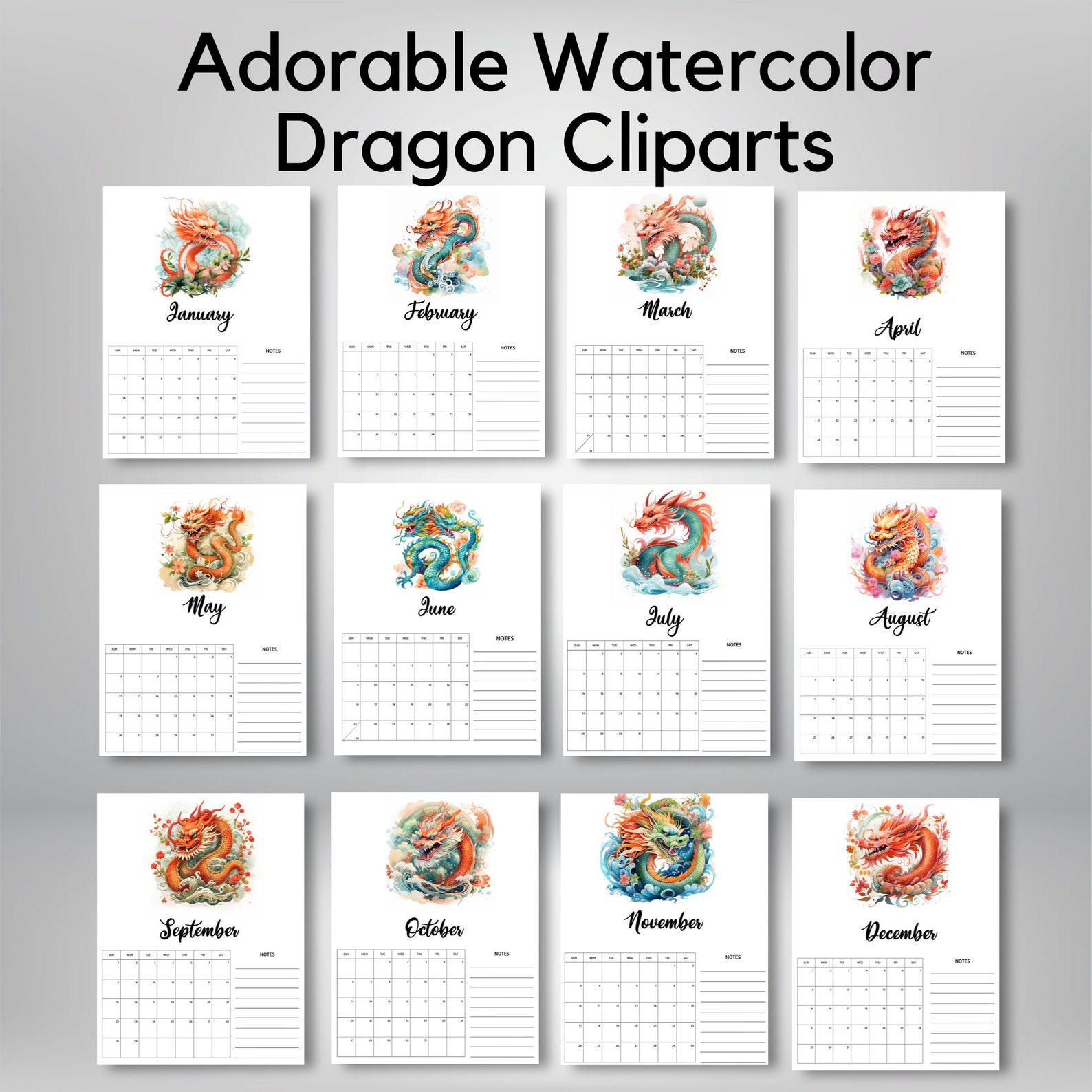 Dragon Calendar 2024 Printable Monthly Fillable Vertical Wall Calendar ...