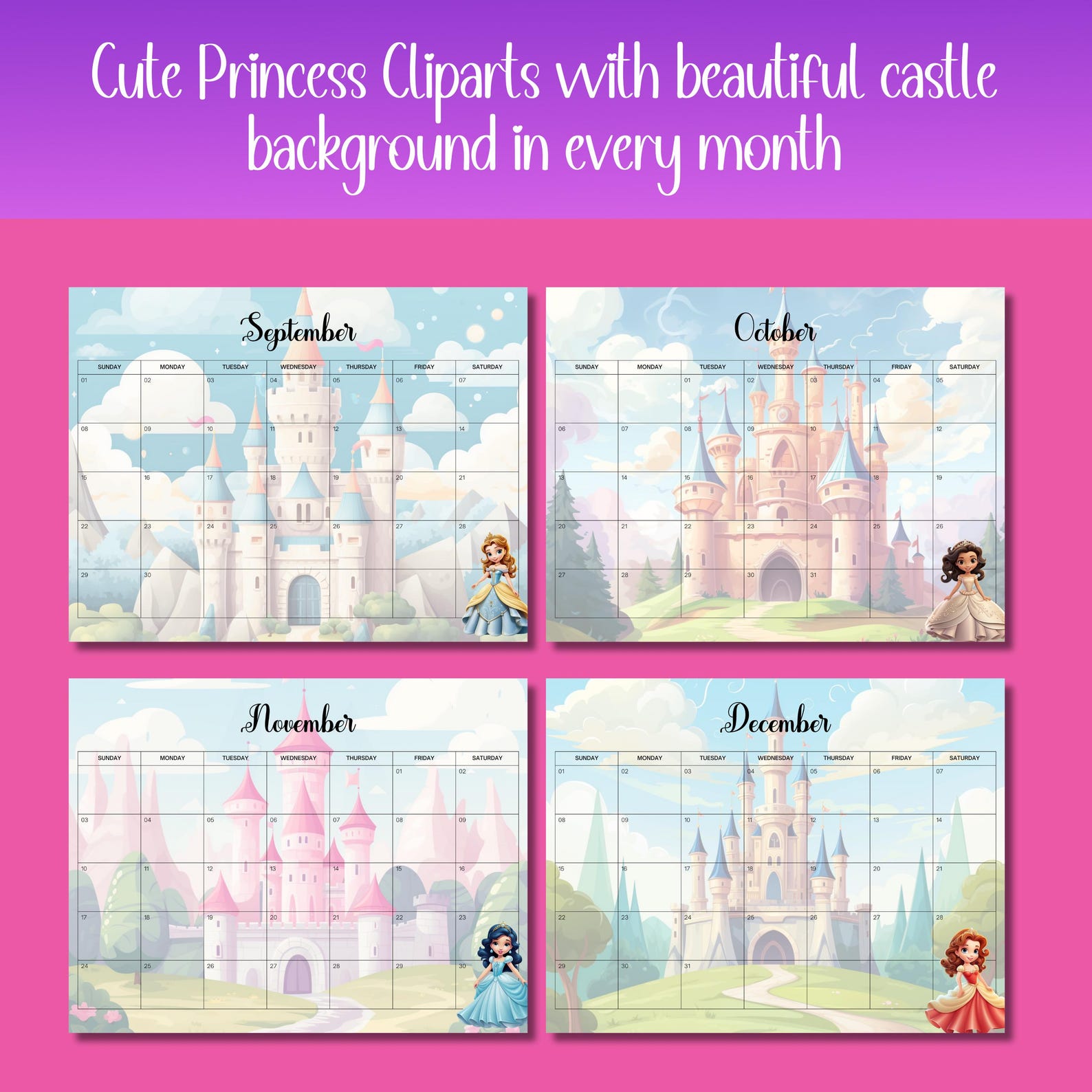 Printable 2024 2025 Princess Calendar Kids Monthly Planner Princess ...