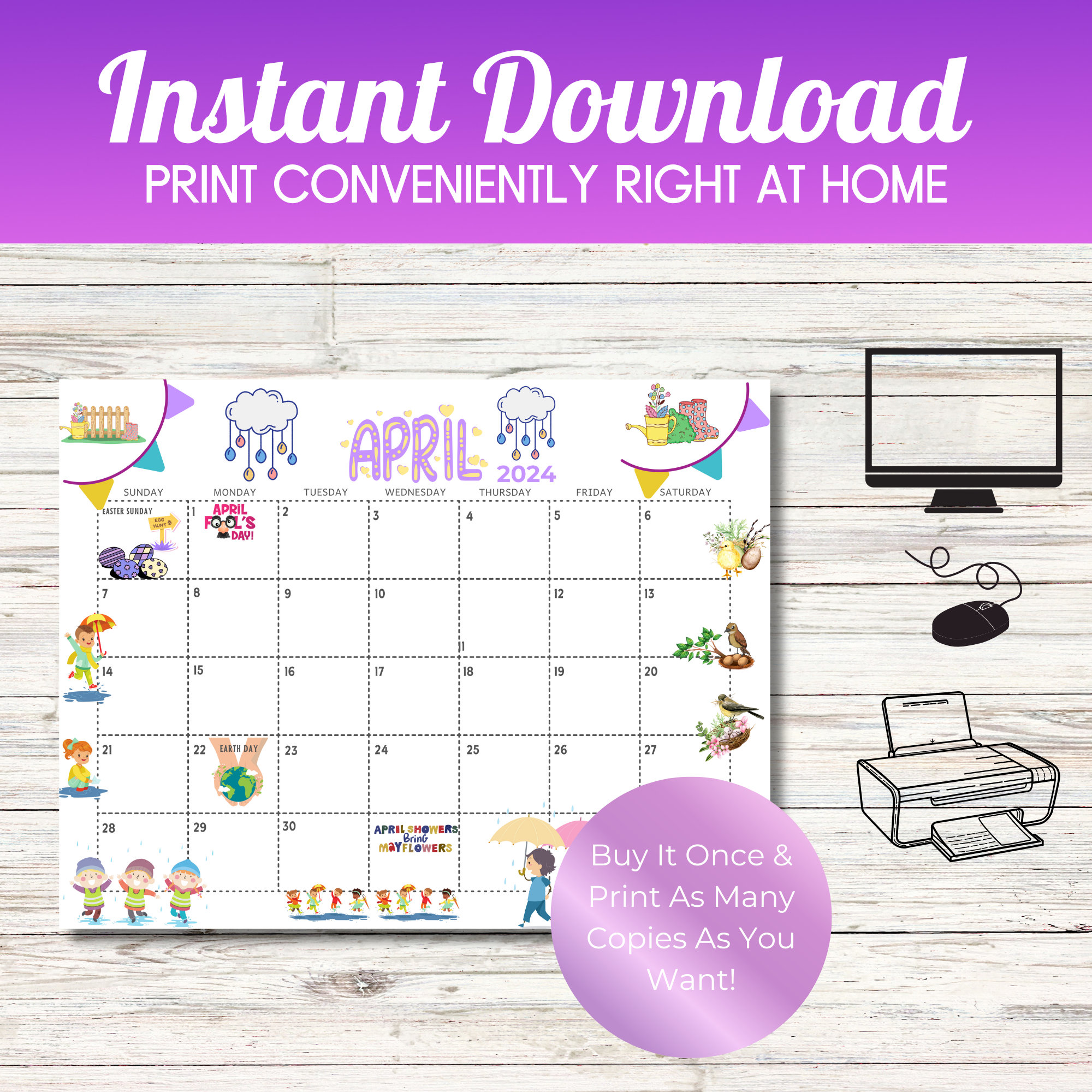 April 2024 Calendar Printable Kids Calendar 2024 Calendar Classroom ...