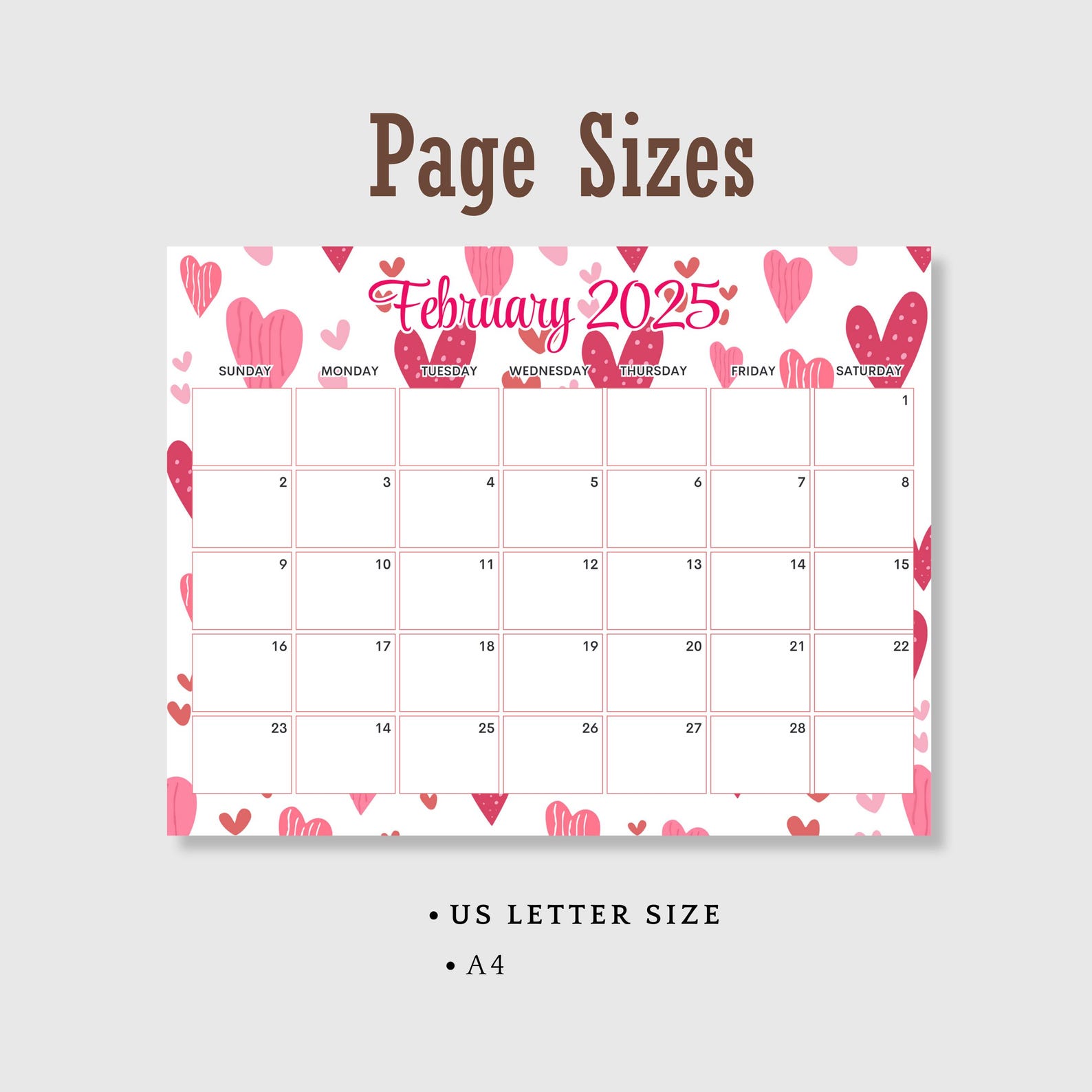 February 2025 Calendar Hearts Printable Kid Calendar 2025 Wall Calendar ...