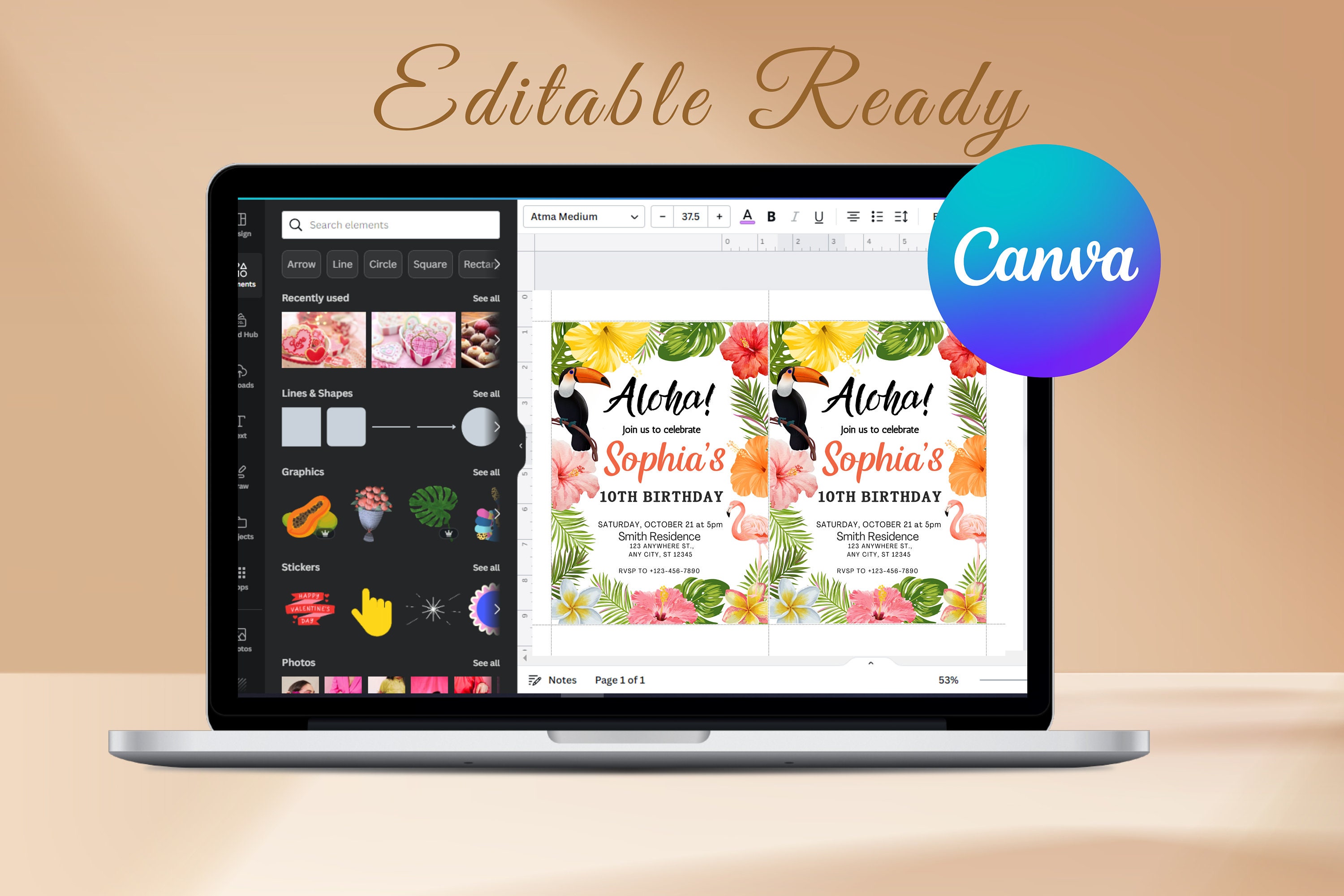 Editable Tropical Birthday Invitation Printable Aloha Birthday Tropical ...