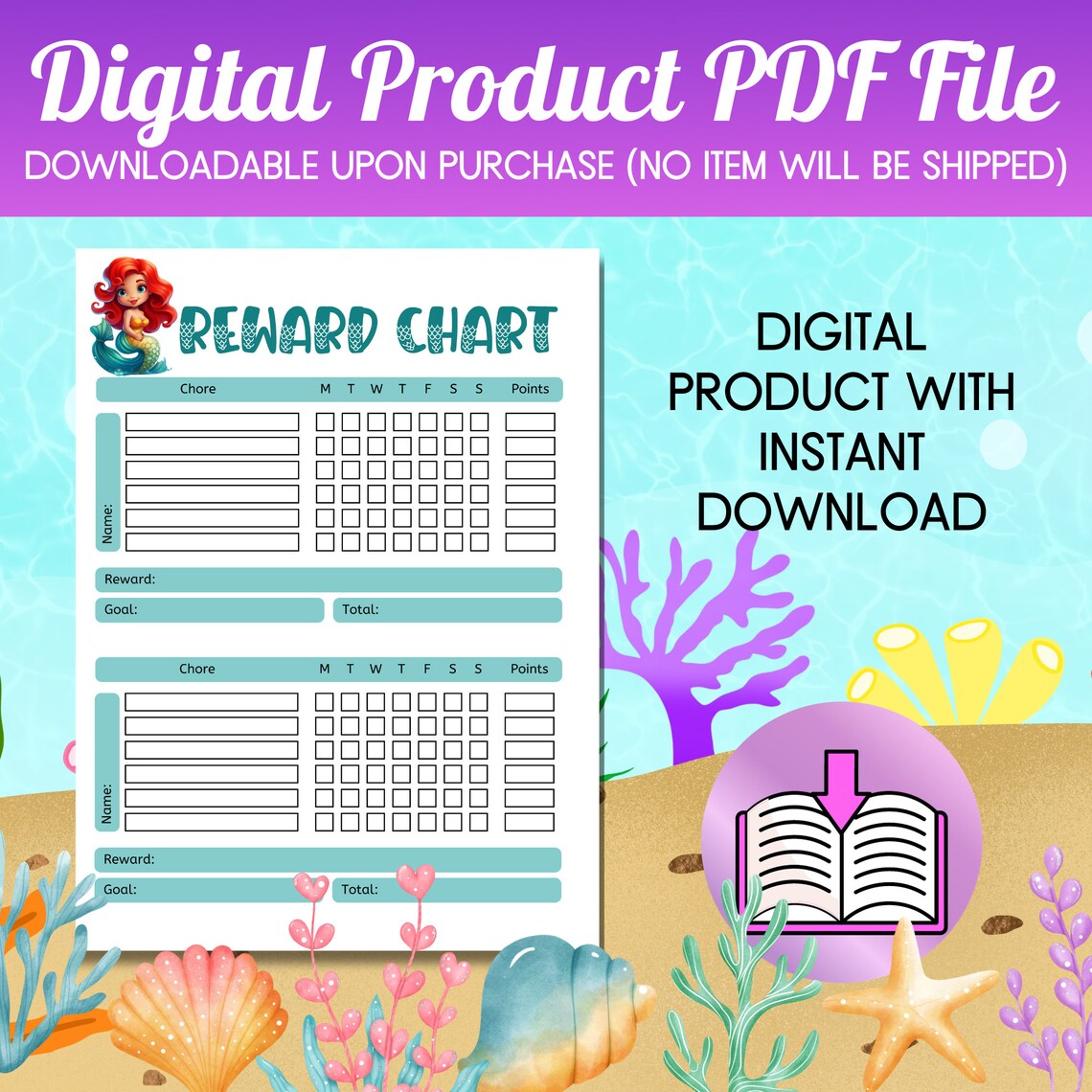 Printable Chore Reward Chart Mermaid Toddler Reward Chart Kids - Etsy