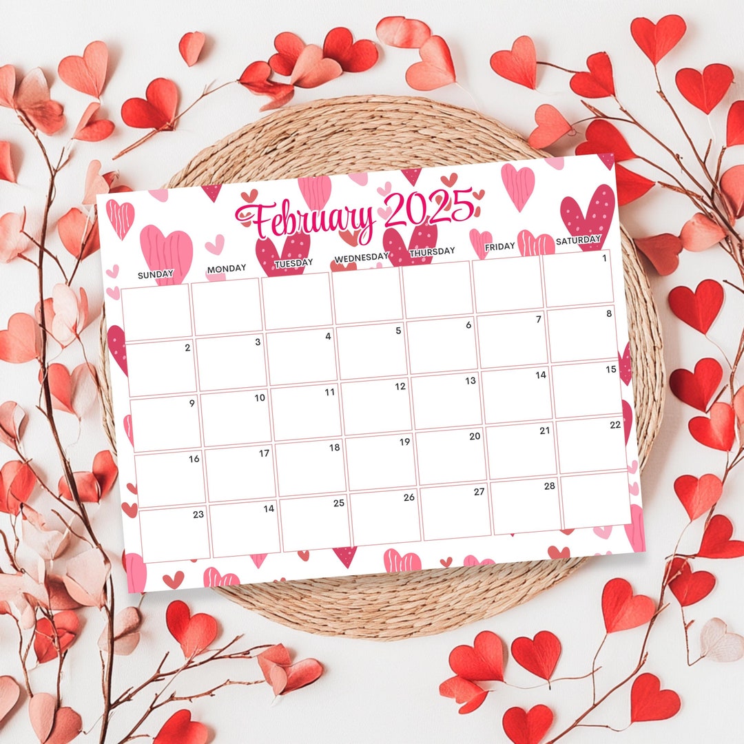 February 2025 Calendar Hearts Printable Kid Calendar 2025 Wall Calendar ...
