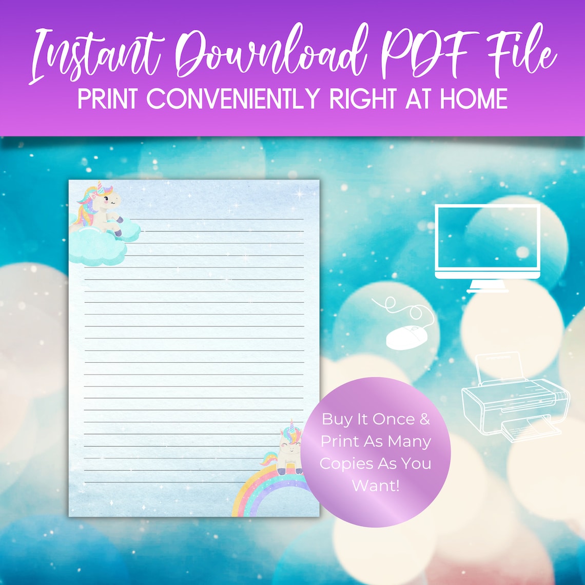 Unicorn Stationary Printable Stationery Set Stationery Paper Writing ...
