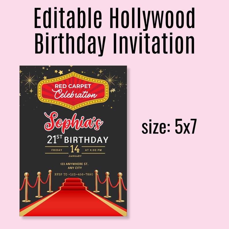 Editable 21st Hollywood Birthday Printable Theme Party Invitation VIP ...