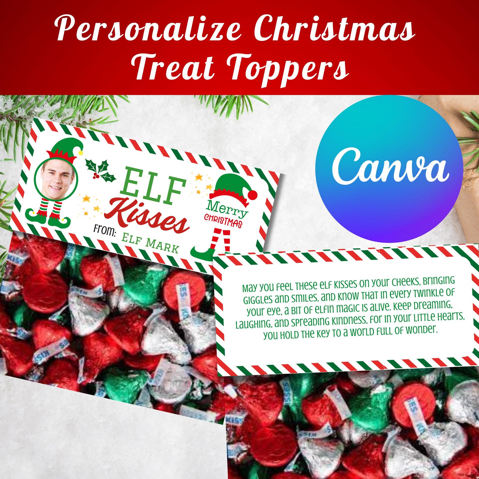 Custom ELF Kisses Treat Bag Christmas Toppers Printable Christmas Gift ...
