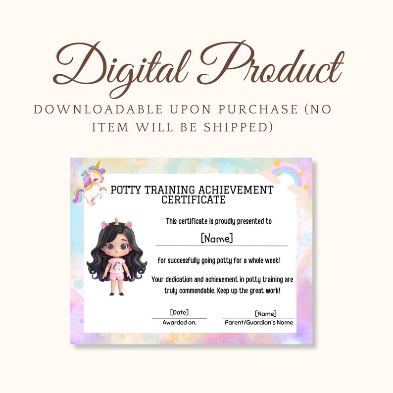 Unicorn Potty Training Certificate Customized Template Printable Edit ...