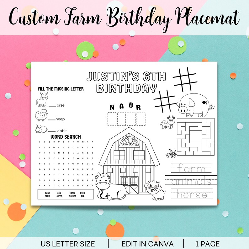 Editable Farm Birthday Coloring Sheet Placemat Coloring Page Farm ...