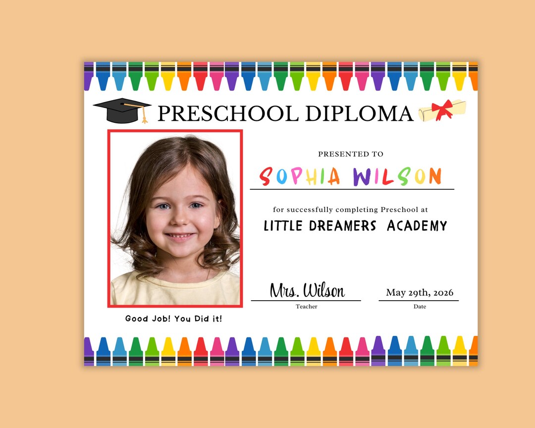 Editable Preschool Diploma Canva Template, Kindergarten Graduation ...