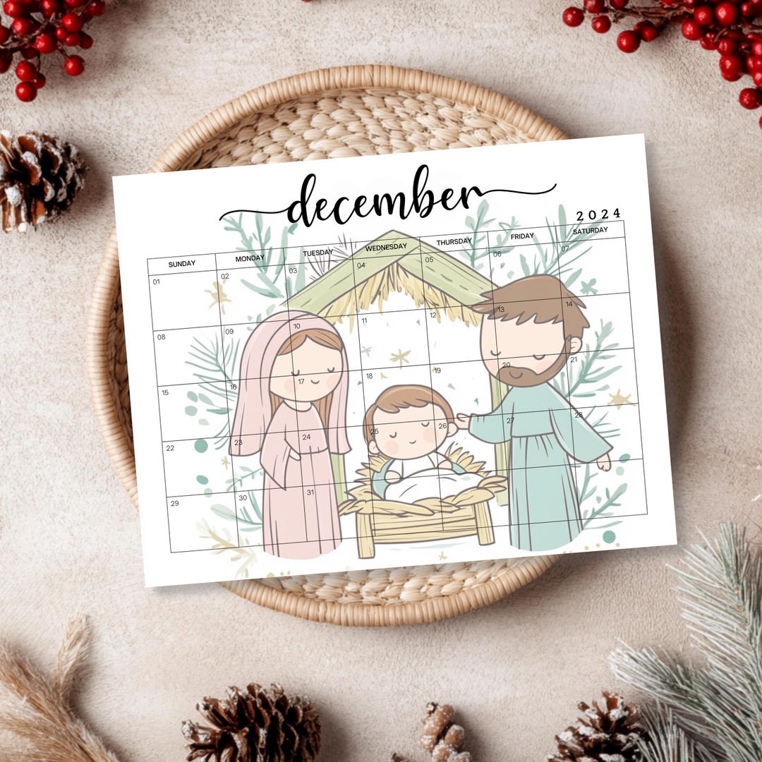 Printable Kids Calendar December 2024 Nativity Scene Simple Art Wall ...