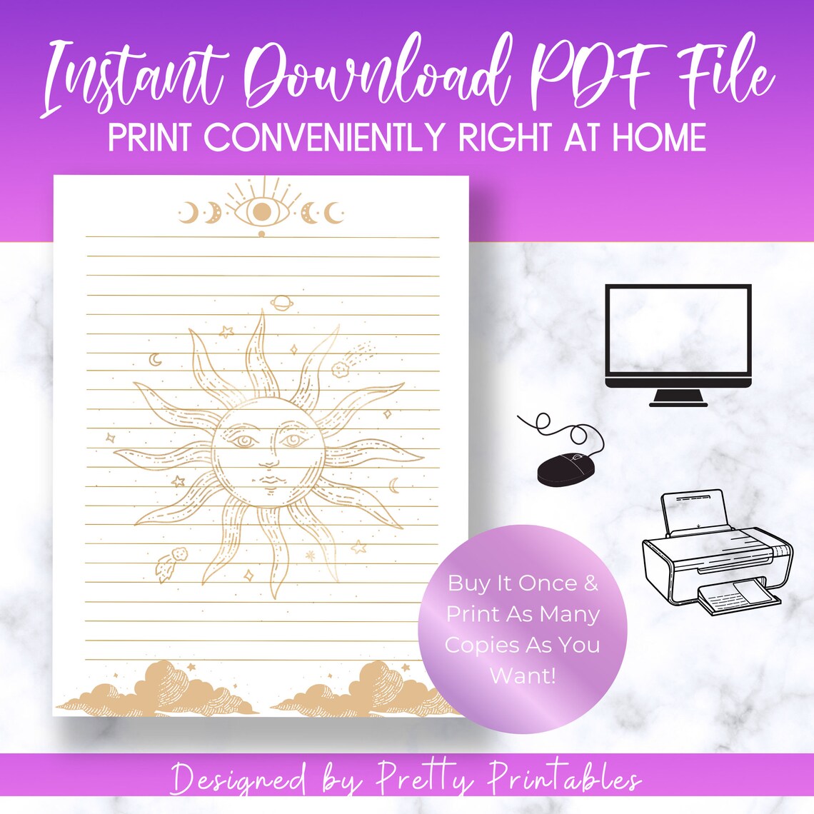 Celestial Theme, Writing Paper Printable Notes, Notes Planner, Notepad ...