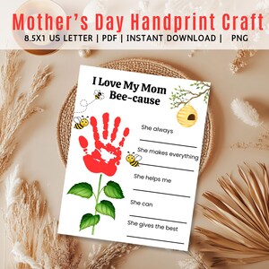 Mothers Birthday Flower Handprint Craft Cute Pun I Love My Mom Beecause ...