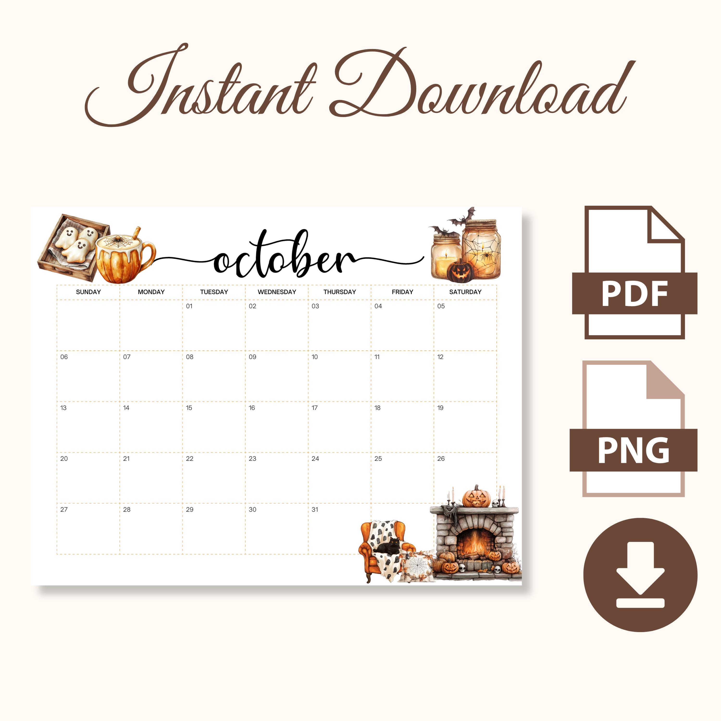 October 2024 Calendar Printable Kids Calendar Wall Fall Classic Floral ...