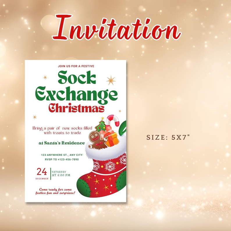 Editable Christmas Secret Santa Sock Swap Party Invitation Sock ...