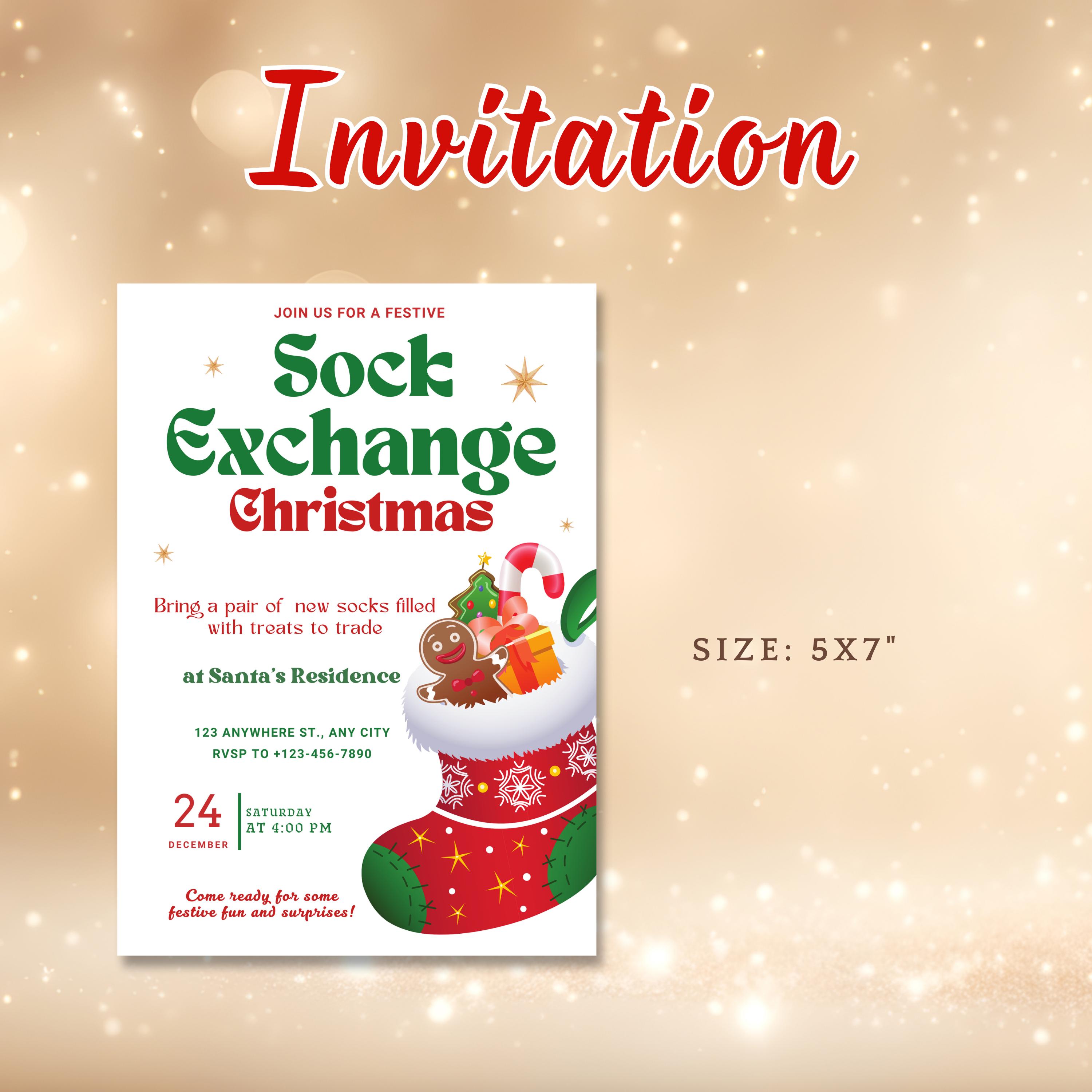 Editable Christmas Secret Santa Sock Swap Party Invitation Sock ...