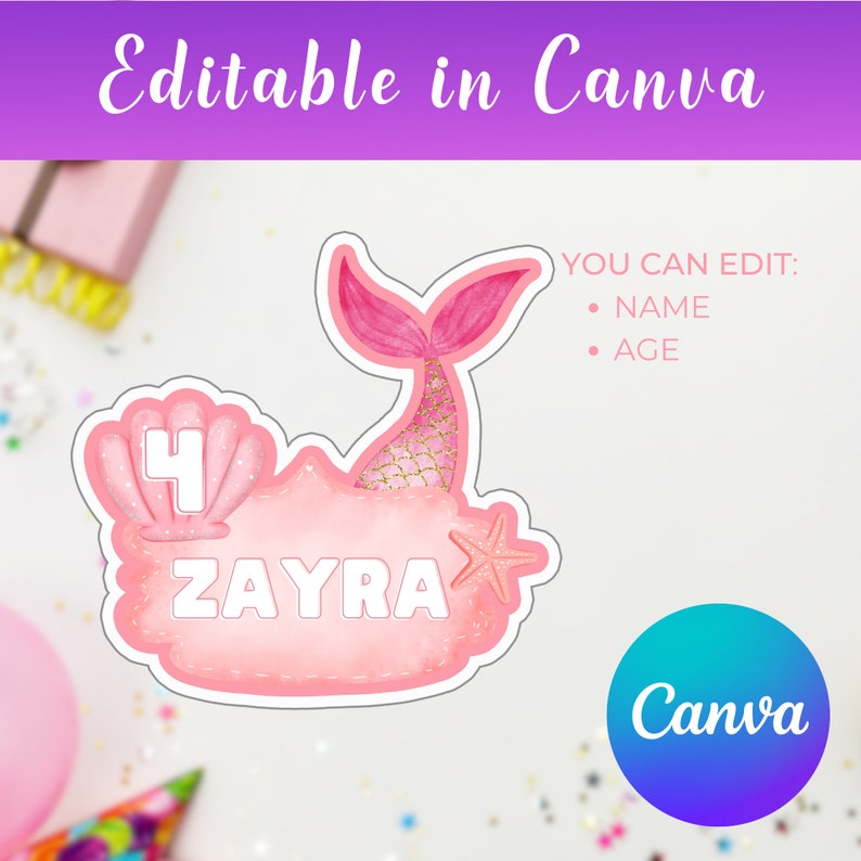 Editable Mermaid Cake Topper Printable, Mermaid Cake Topper With Name ...