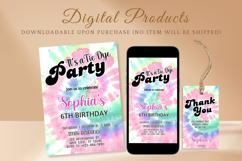 Editable Tie Dye Birthday Invitation Neon Birthday Invite Colorful ...