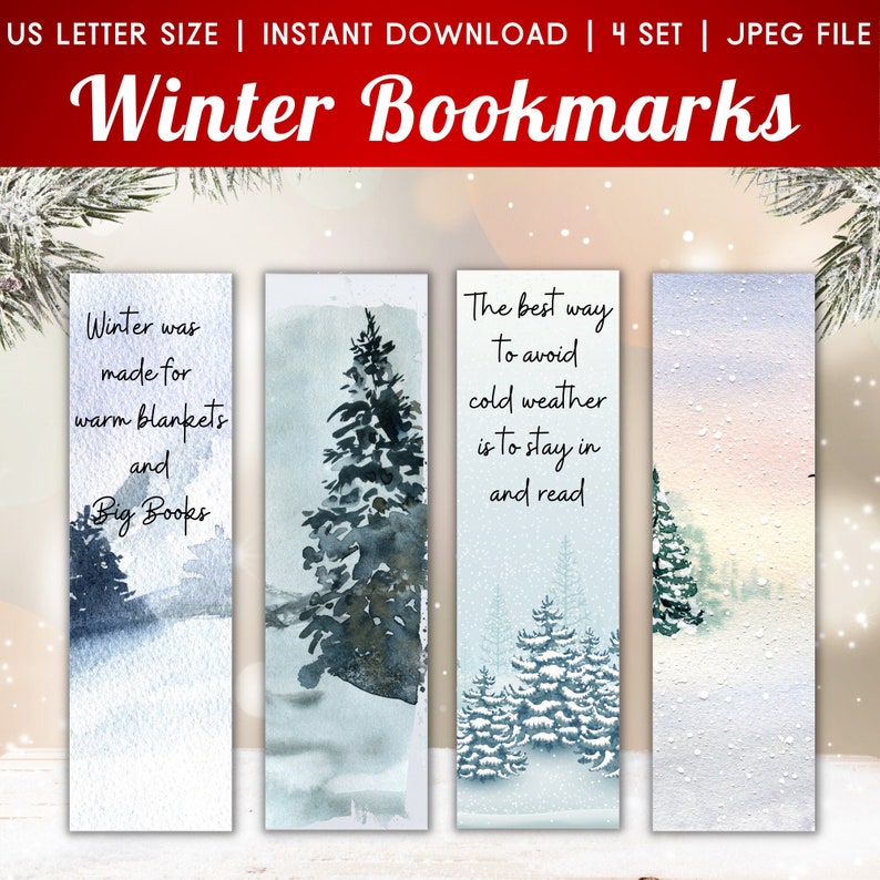 Winter Bookmark Printable Set of 4 Holiday Bookmarks Book Lovers Gift ...