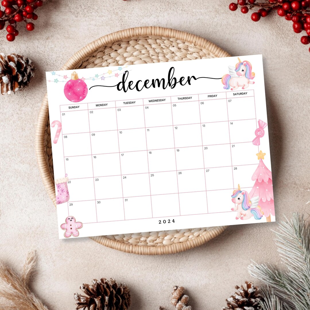 DECEMBER 2024 Calendar Printable Pink Unicorn Calendar Page Classroom ...