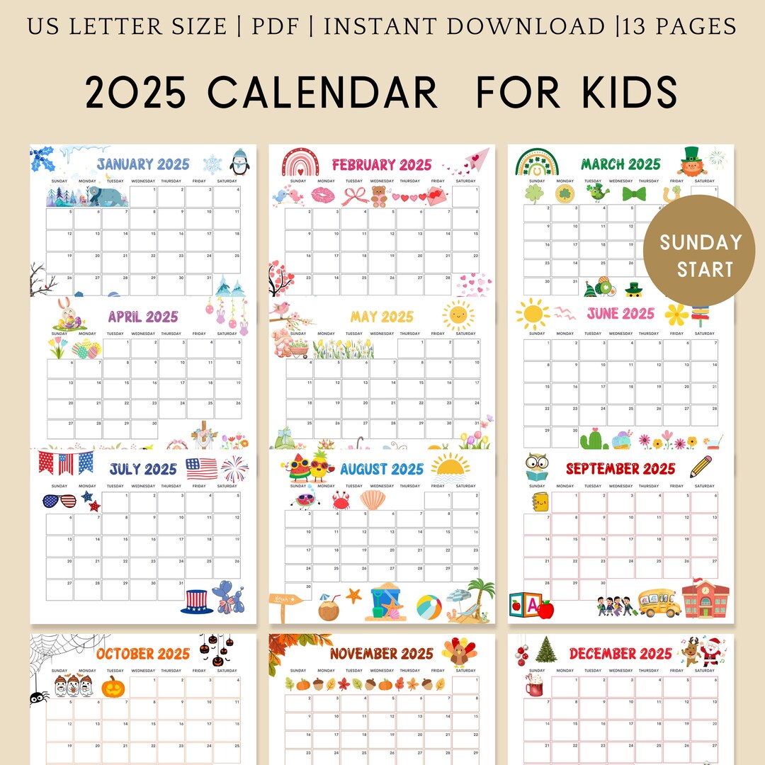 2025 Calendar Printable, Kids 2025 Calendar, School Monthly Planner ...