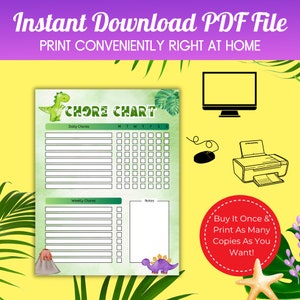 Dinosaur Chore Chart for Kids Checklist Routine Chart Kids Daily Chores ...