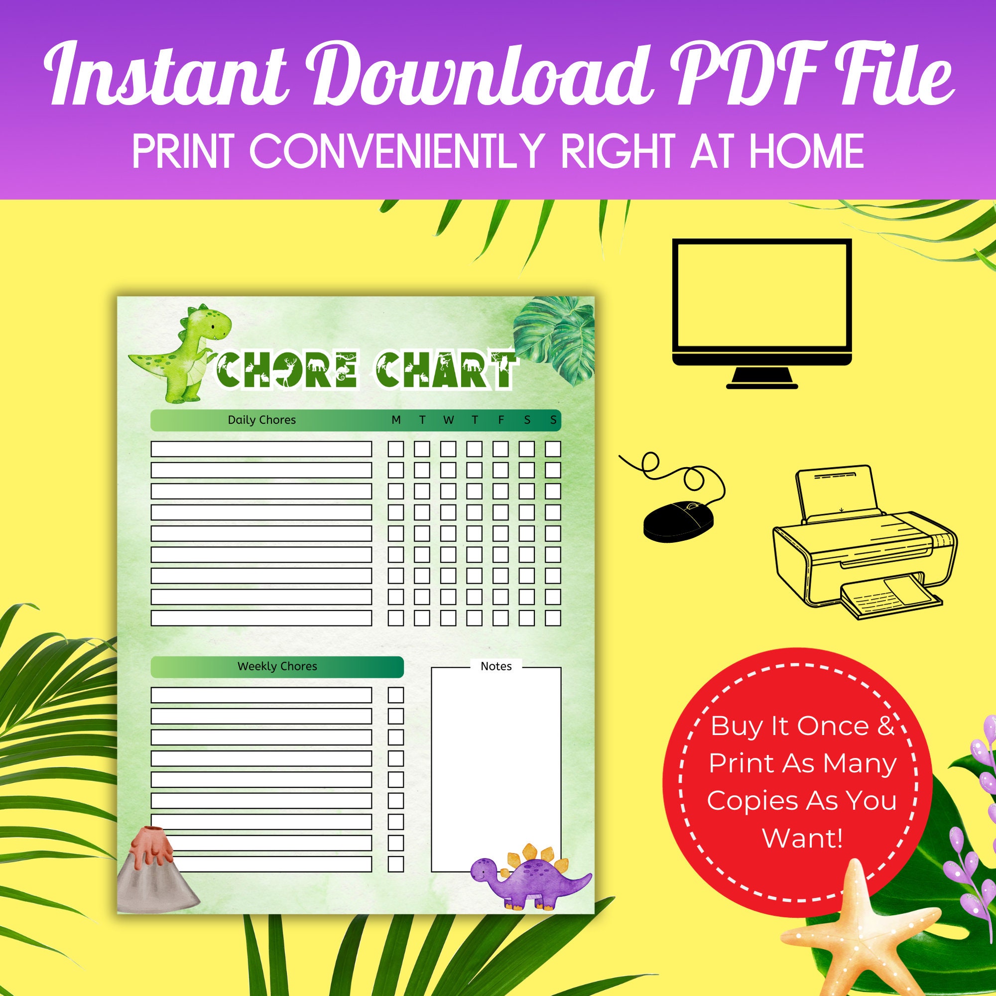 Dinosaur Chore Chart for Kids Checklist Routine Chart Kids Daily Chores ...