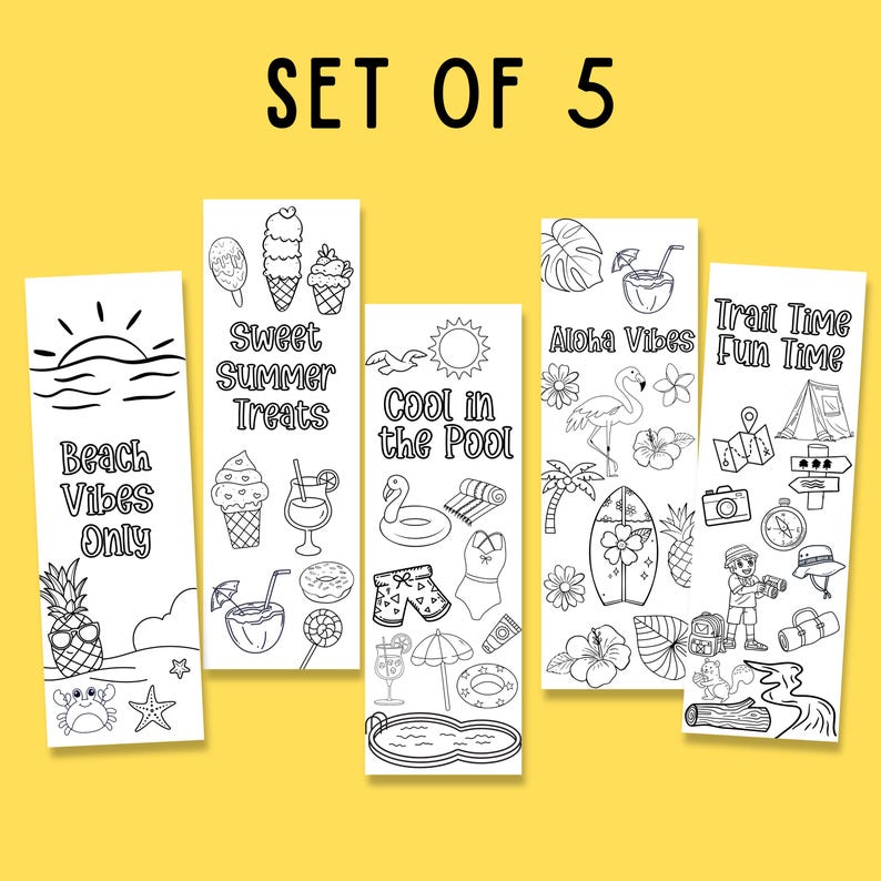 Color Your Own Bookmark Set 5, Printable Summer Coloring Bookmark Beach ...