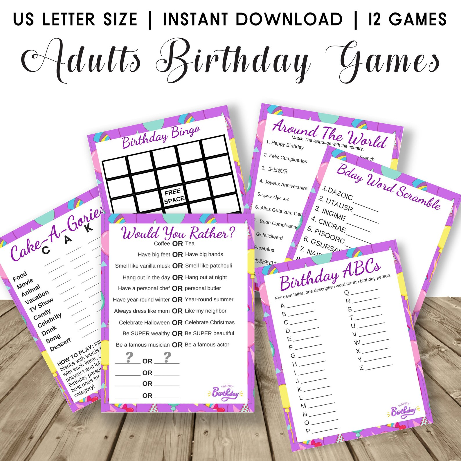 Adult Birthday Games Birthday Printable Bundle Word Scramble Birthday ...