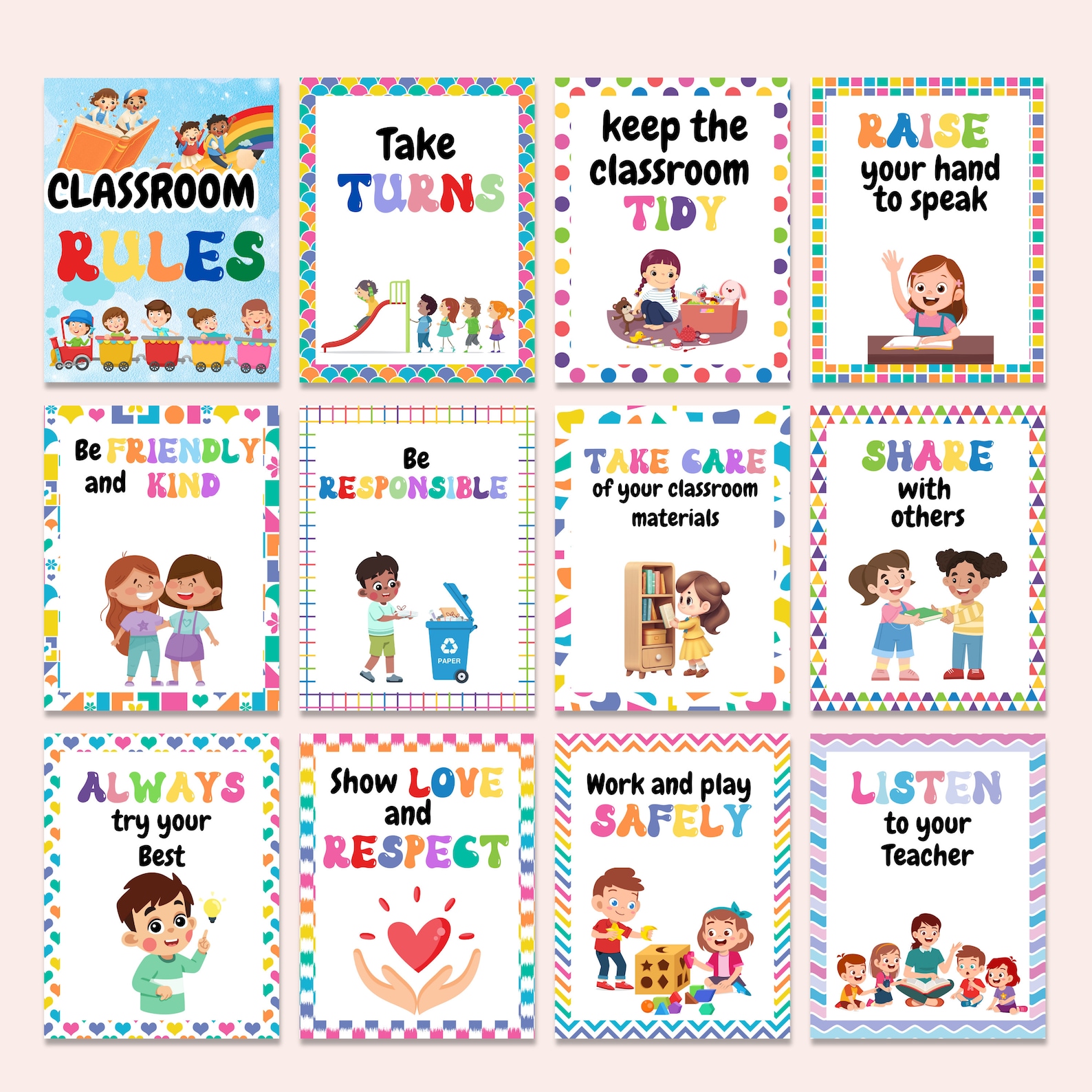Classroom Rules Poster Set of 12 Class Expectations Elementary ...