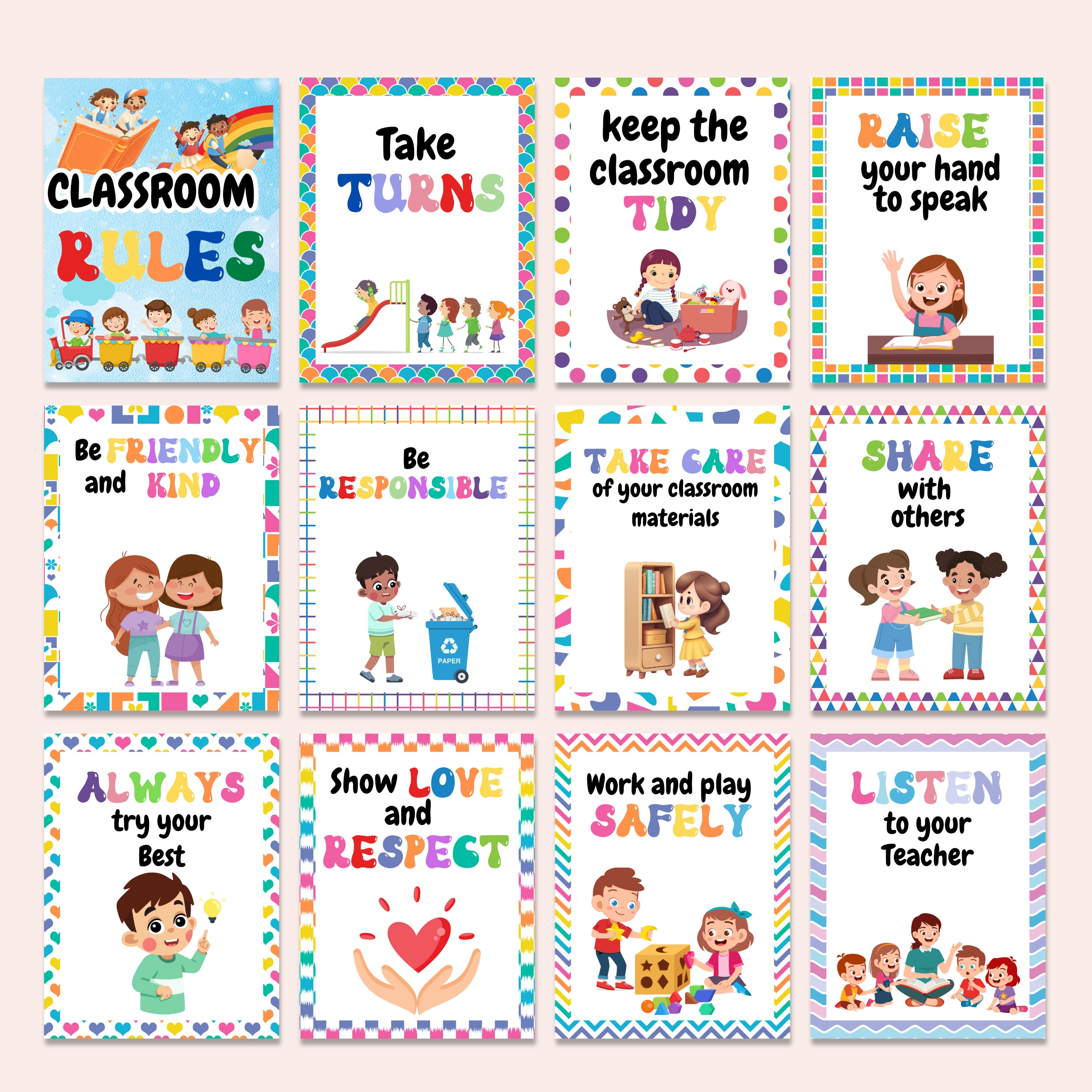 Classroom Rules Poster Set of 12 Class Expectations Elementary ...