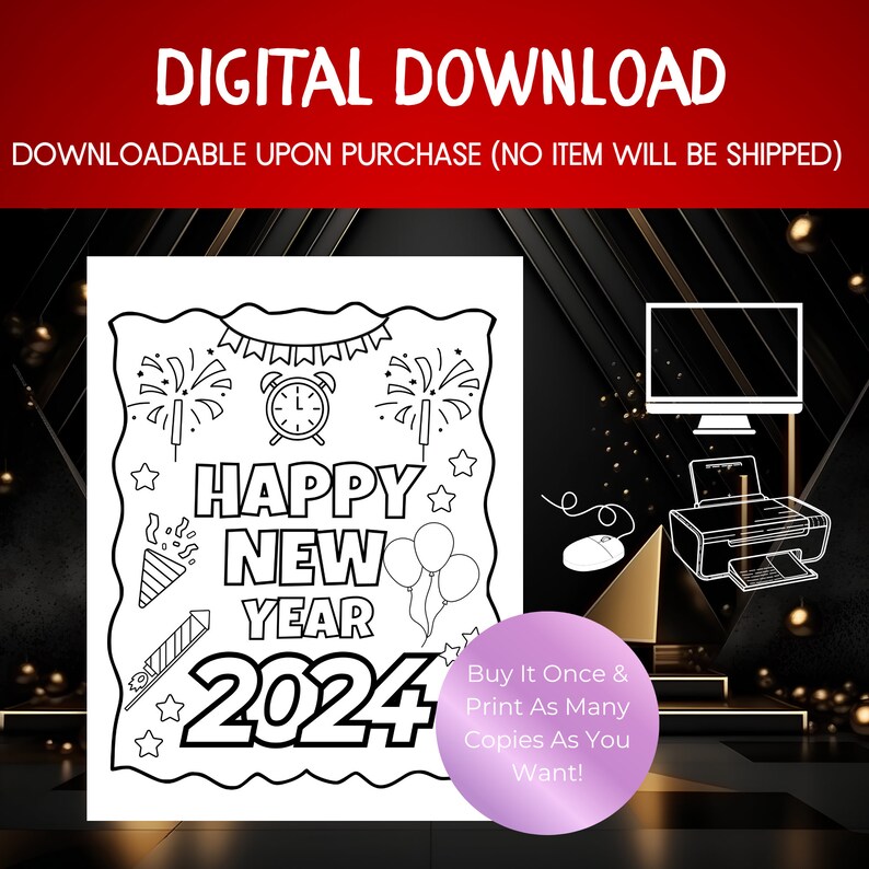 2024 Happy New Year Coloring Pages for Kids Printable New Year - Etsy