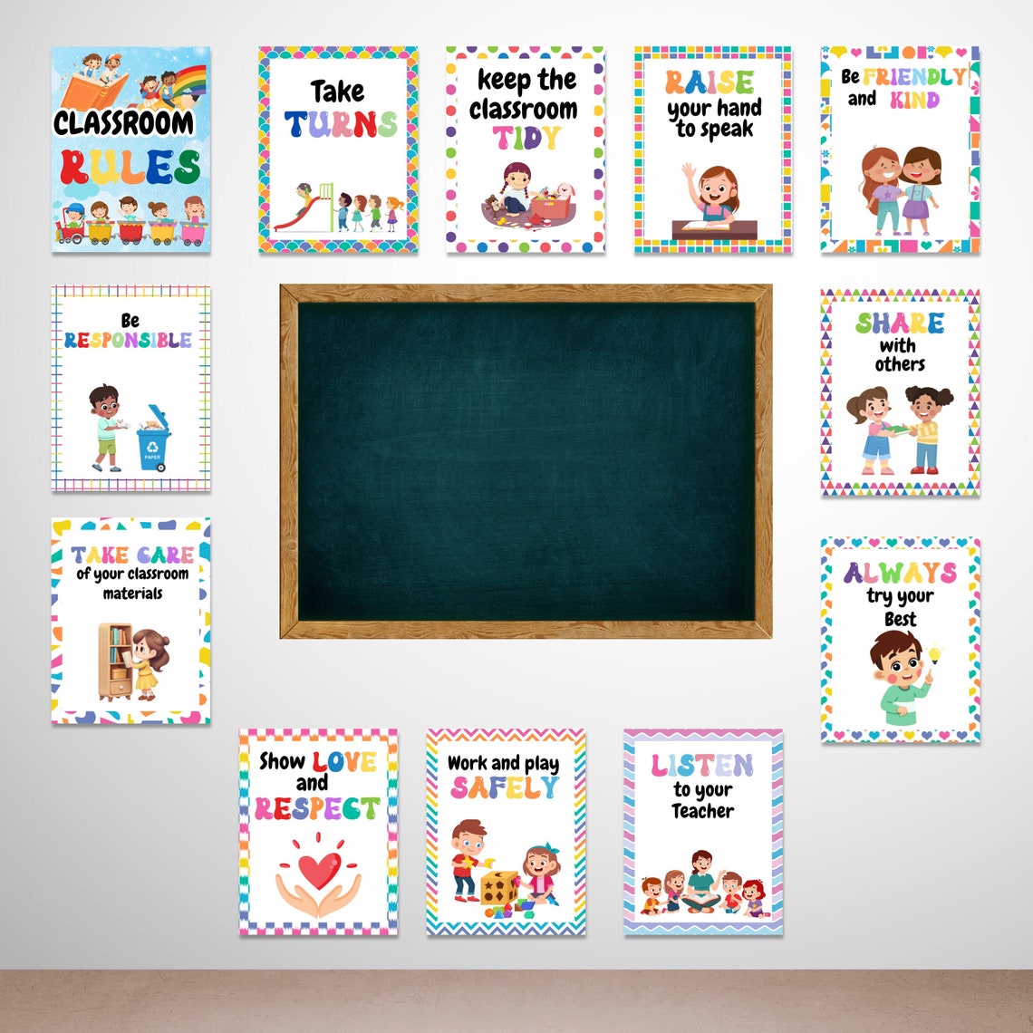 Classroom Rules Poster Set of 12 Class Expectations Elementary ...